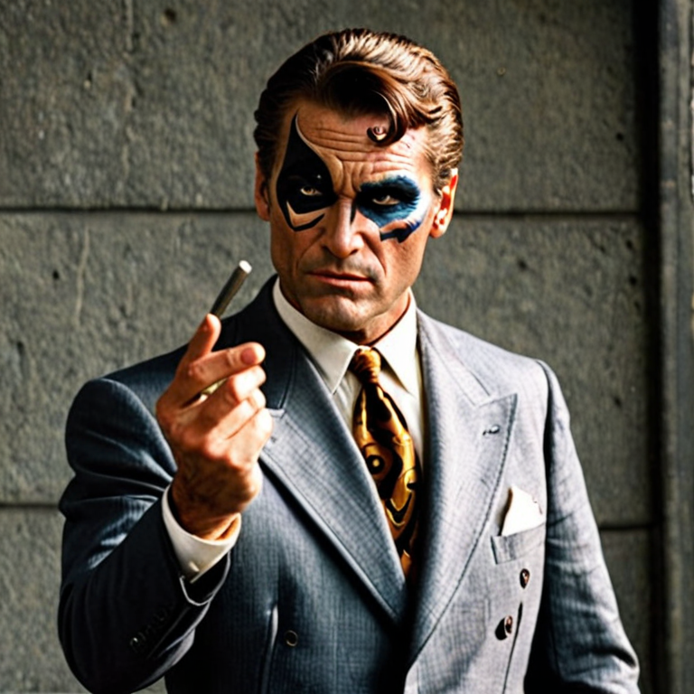 Two Face villain from Batman casually flipping a coin with his left hand