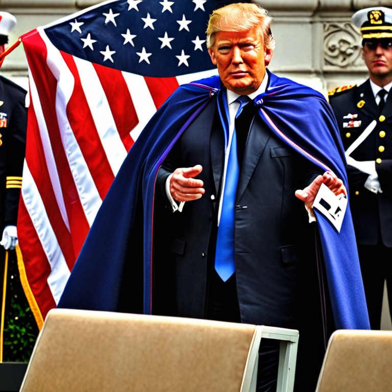trump whit a crown and American flag cape