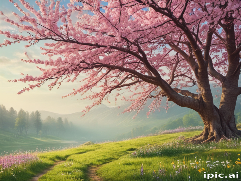 A Serene Spring Landscape Featuring a Majestic Cherry Blossom Tree.
