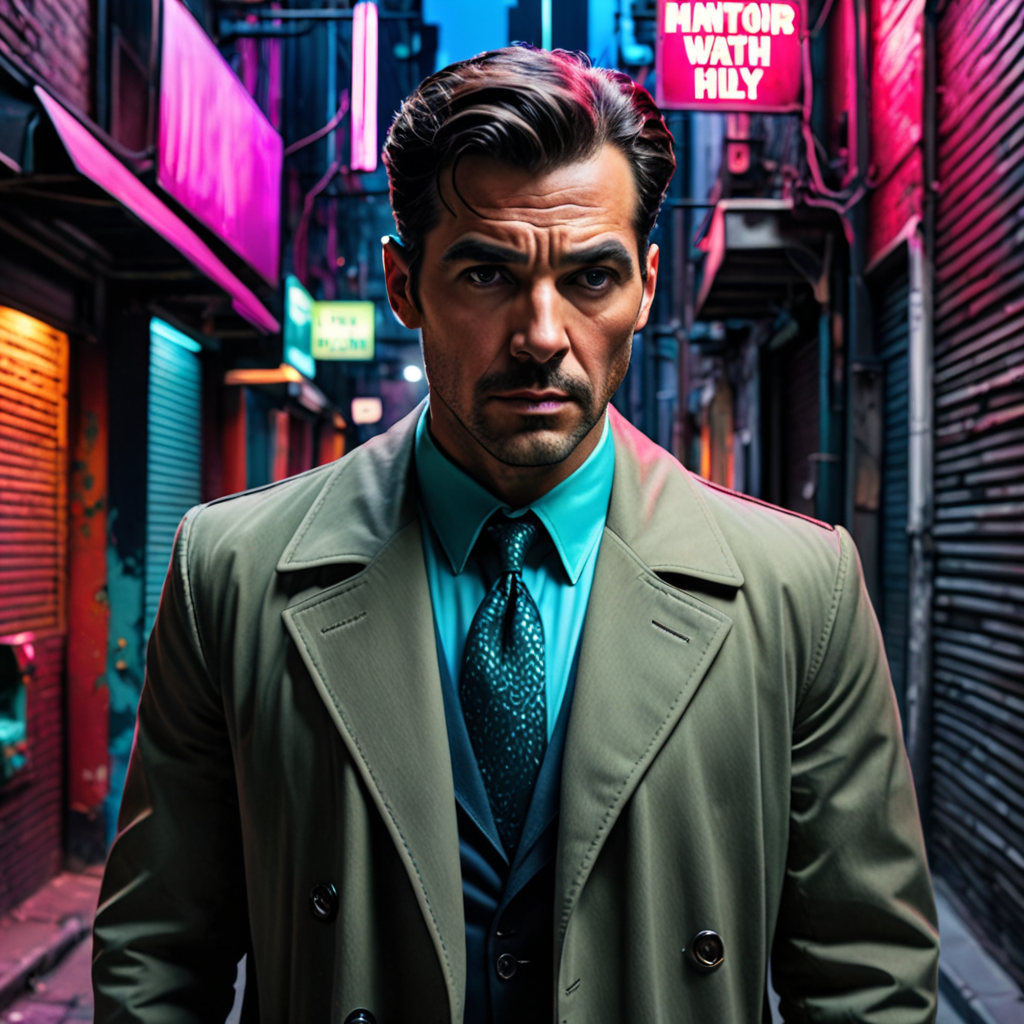 a futuristic male detective in a vibrant outfit investigates a ...
