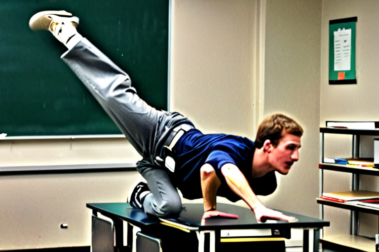 create a teacher doing a backflip on a desk