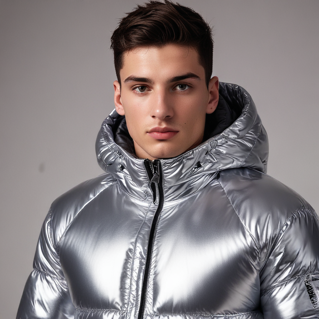 male supermodel adidas shiny super puffer jacket bling jewellery hood
