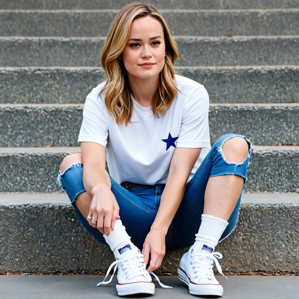 Mcu Brie Larson Carol Danvers Sitting in White Shirt, Blue Jeans, White ...