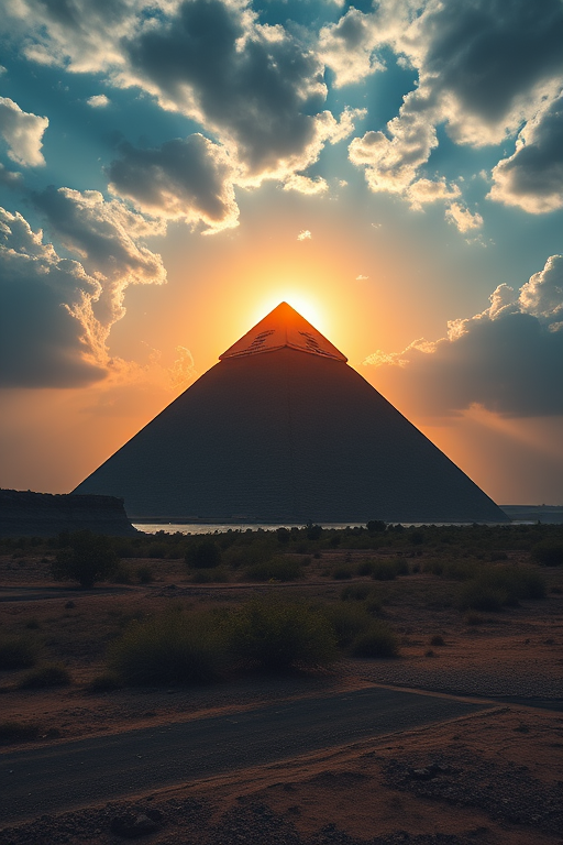 Majestic Pyramid Silhouette Illuminated by a Stunning Sunset Overhead