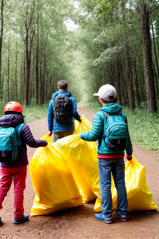 4 cildren are picking up trash in forest