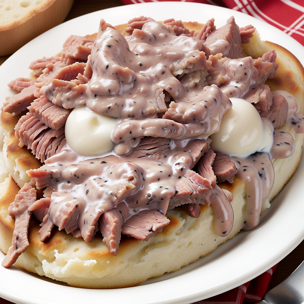 A Hearty Plate of Tender Meat and Creamy Sauce on Fluffy Bread