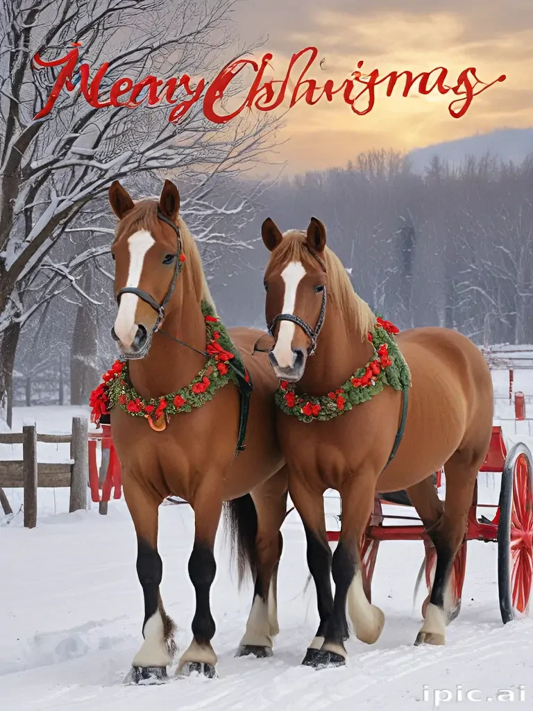 Two Beautiful Horses Dressed for Christmas in a Winter Wonderland Scene