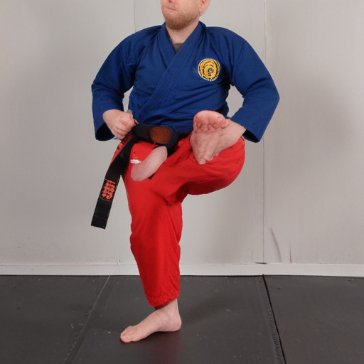 standing upper kick with right leg in a Gi