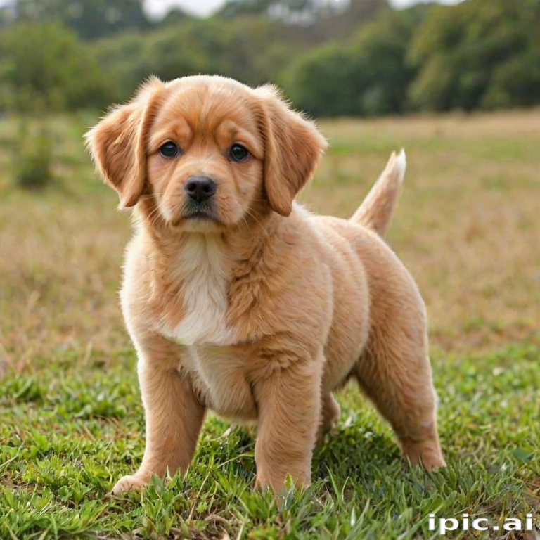 Adorable Fluffy Puppy Standing Proudly in a Sunny Green Field.