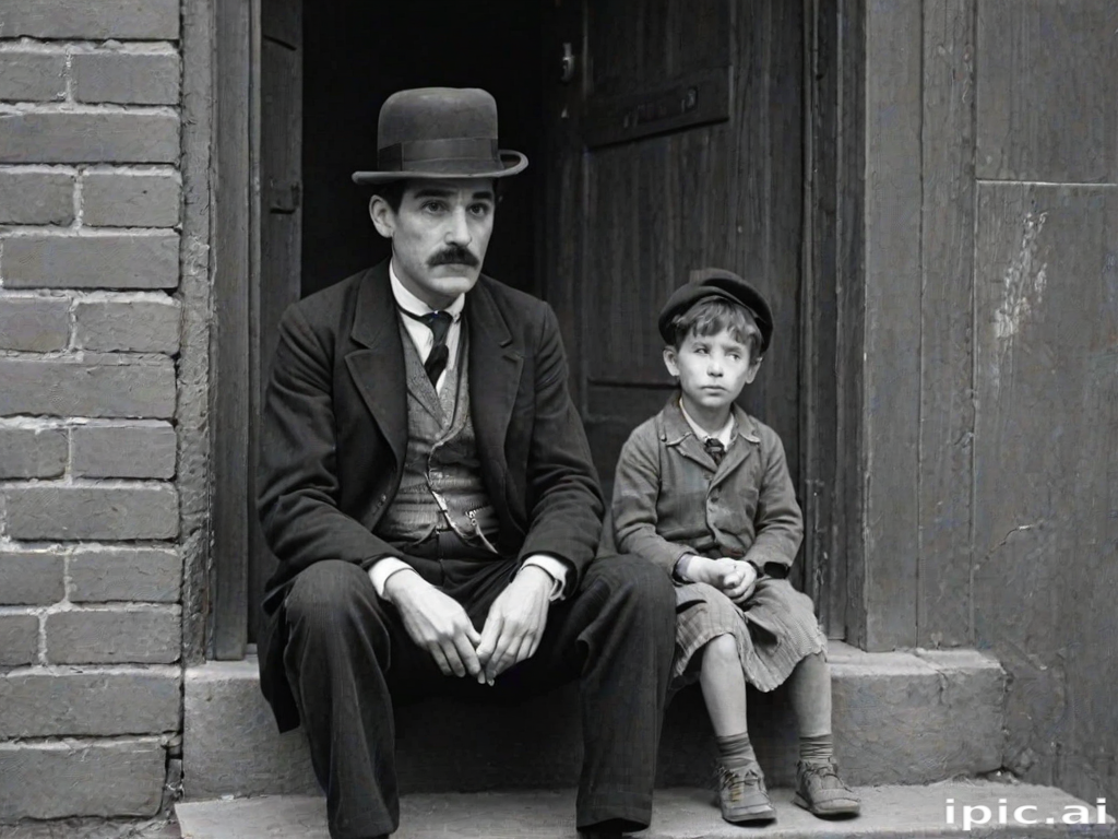 A Man and a Boy Sitting Together on a Doorstep in Vintage Attire.