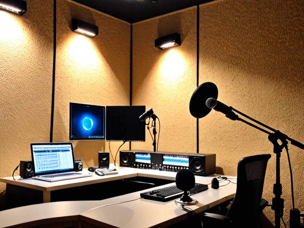 studio for recording music, microphone, with sound insulation on the ...