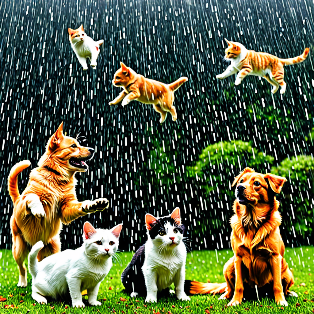 several cats and dogs raining falling from the sky