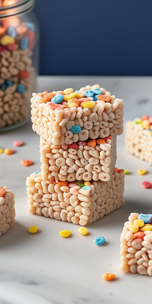 Colorful Rice Cereal Treats Stacked Playfully on a Marble Surface.