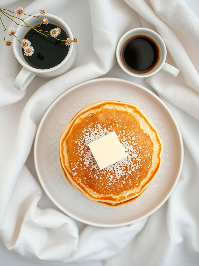 Delicious Stack of Pancakes with Butter, Surrounded by Coffee and Flowers
