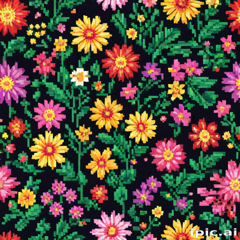 Vibrant Pixel Flower Pattern Against a Dark Background of Nature
