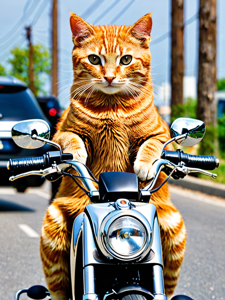 Cow riding a motorcycle with a cat on its back