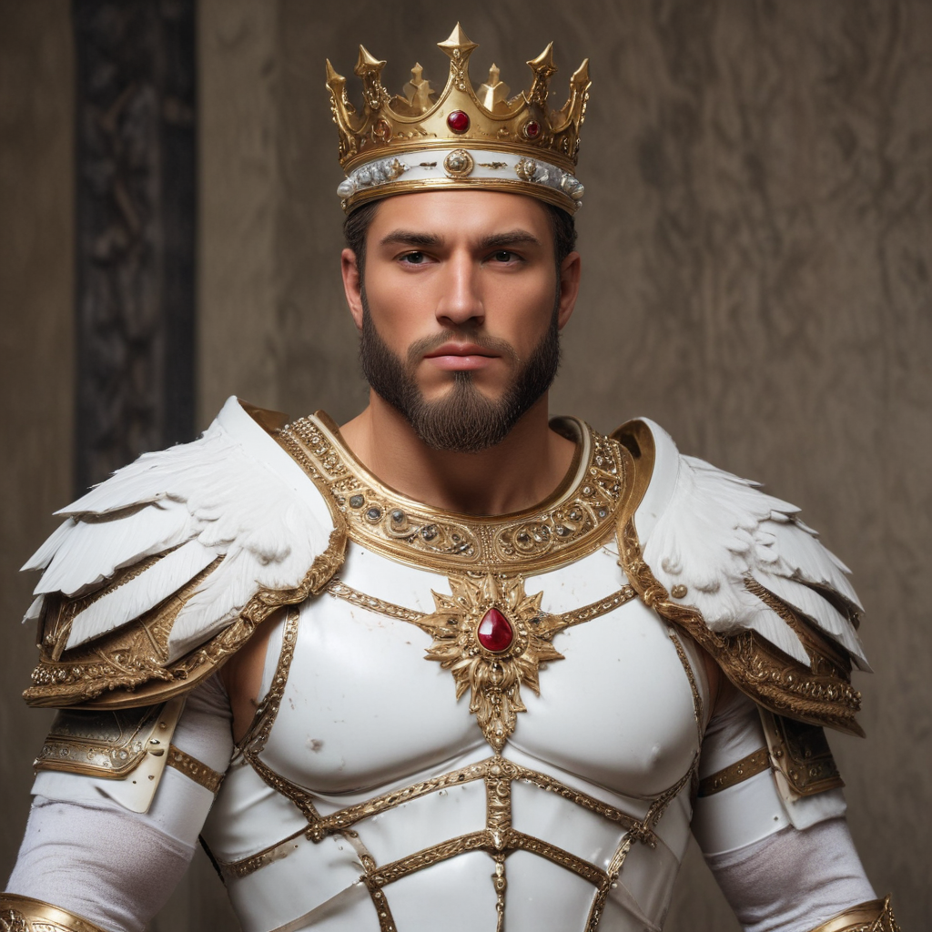 muscular large king with white armor and crown