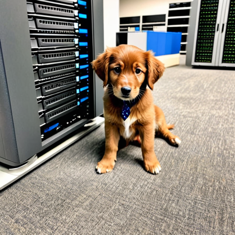 datacenter, hovawart tie dog, macbook pro, servers and cables