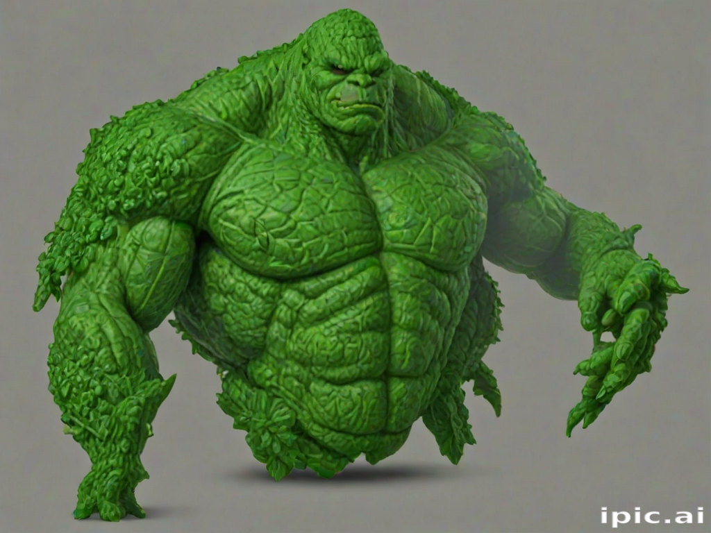 Impressive Green Creature with Muscular Build and Leafy Texture Design