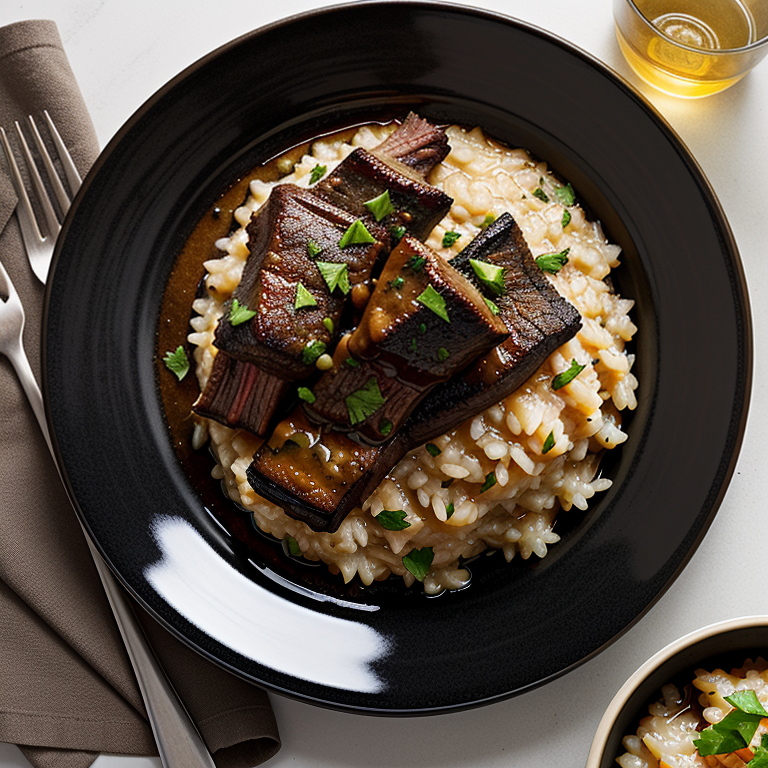 Deliciously Tender Brisket Served Over Creamy Risotto with Fresh Herbs.