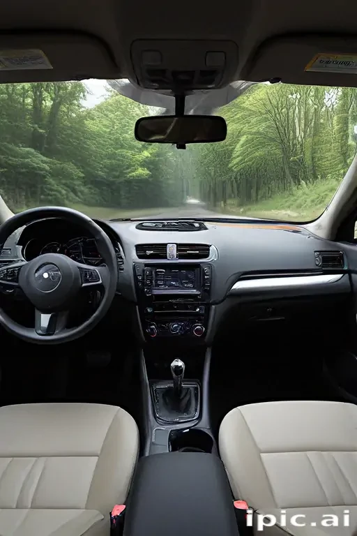 Interior View of a Modern Car on a Scenic Forest Road