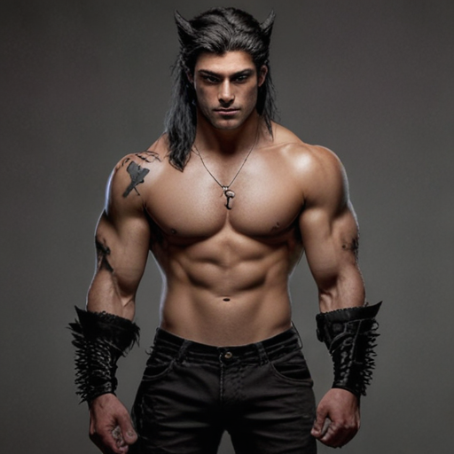 Werewolf demi-human male, dark skin, black hair, black wolf tail, black ...