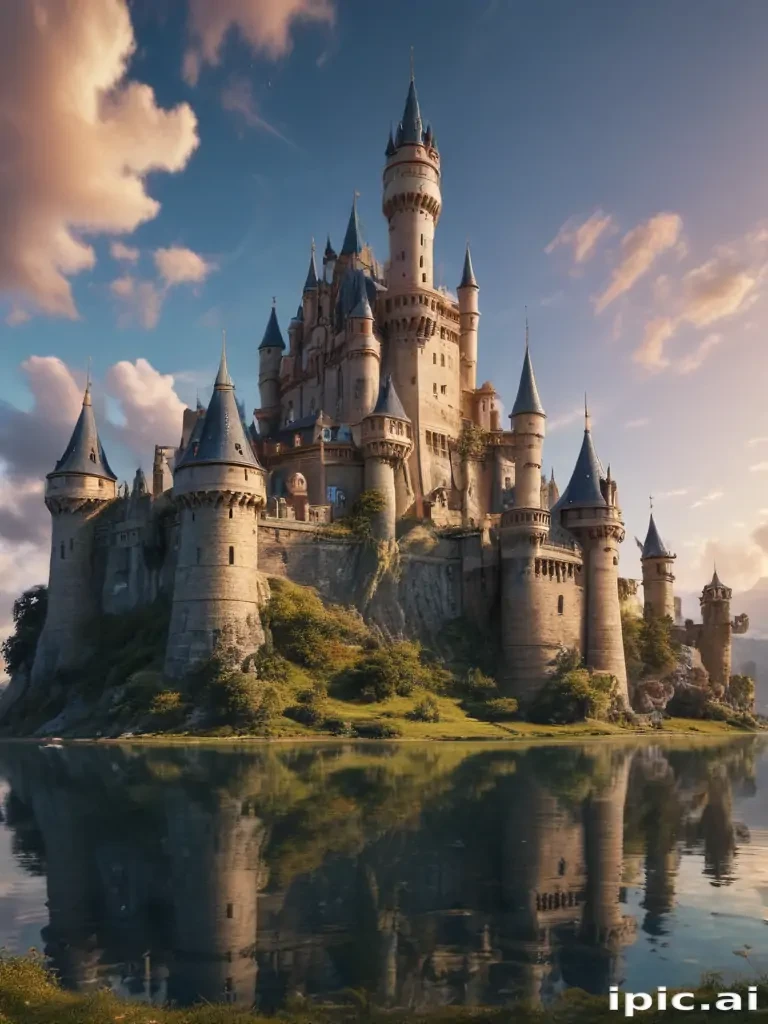A Majestic Fairytale Castle Surrounded by Serene Waters and Lush Greenery