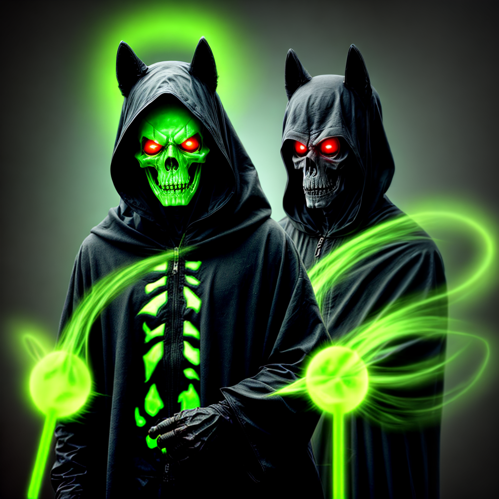 the grim reaper with glowing green aura and eyes with wolf ears and face