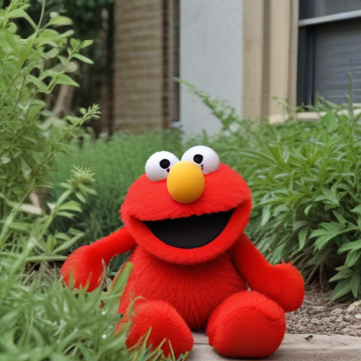 Elmo with big smile sitting in garden