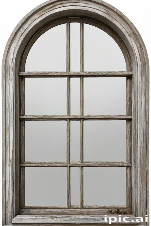 A Rustic Wooden Window Frame with Arched Top and Grid Design