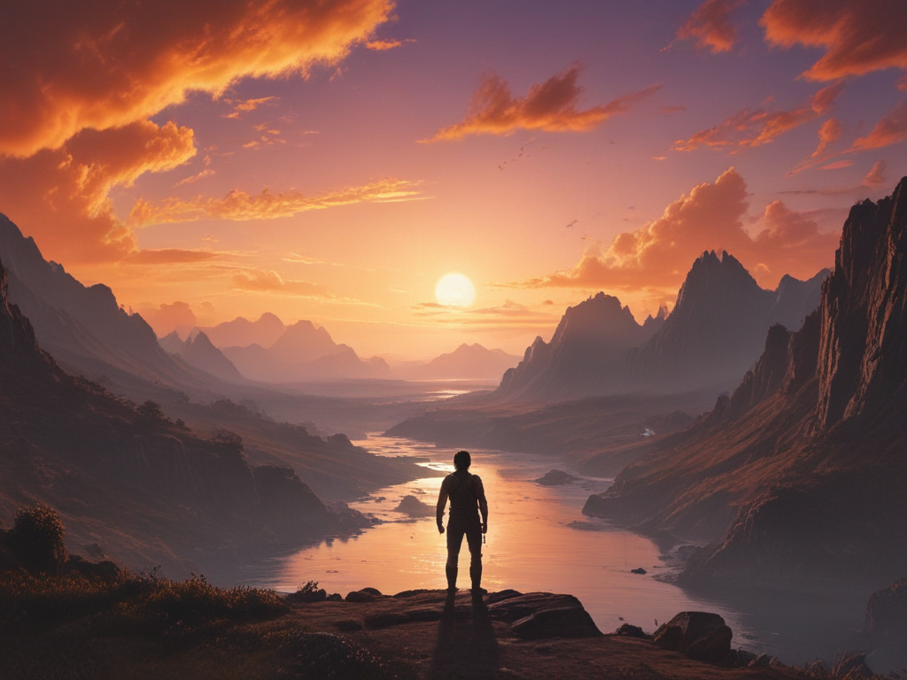 Adventure, back view, sunset, fantasy