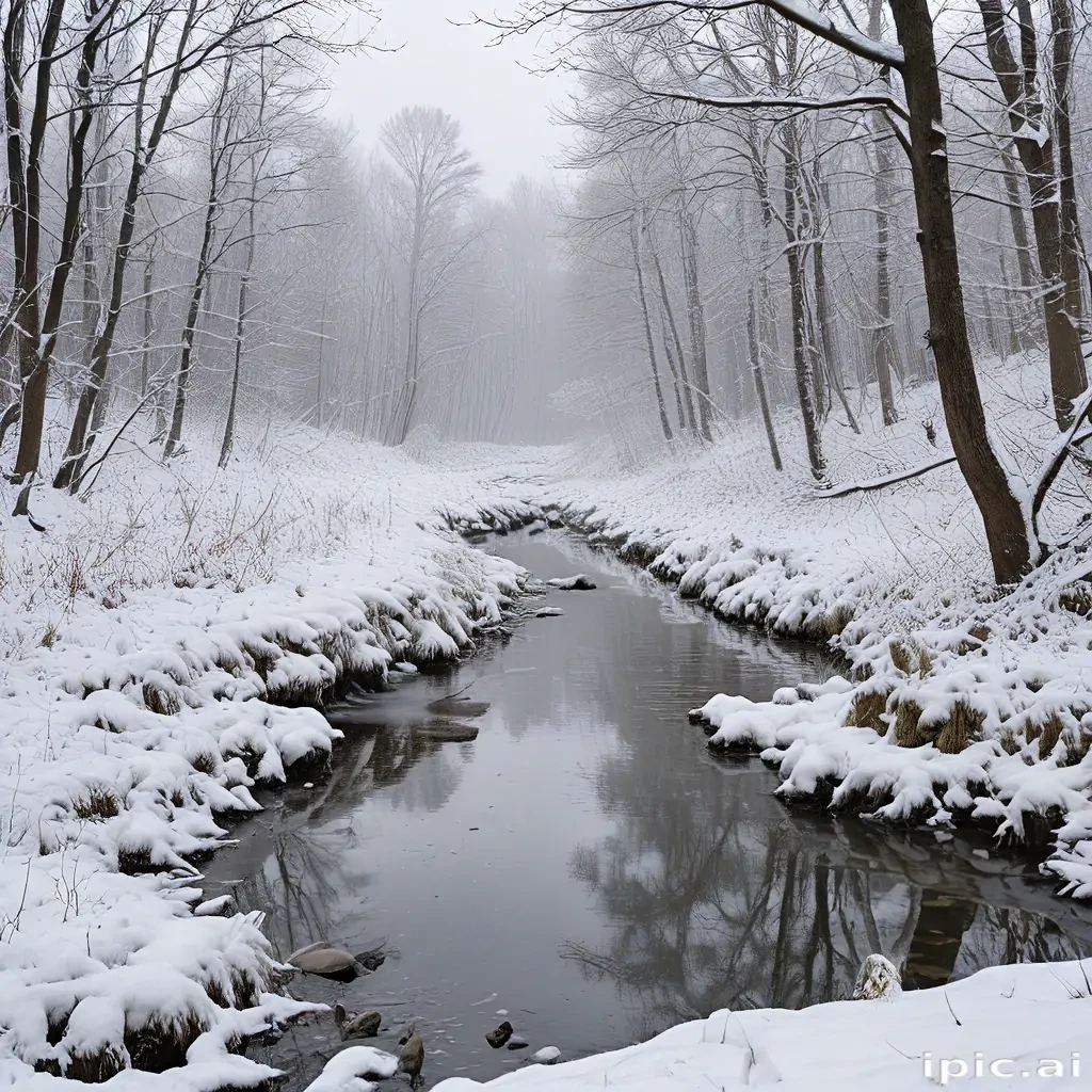 Tranquil Winter Scene with Snow-Covered Trees and Reflective Stream