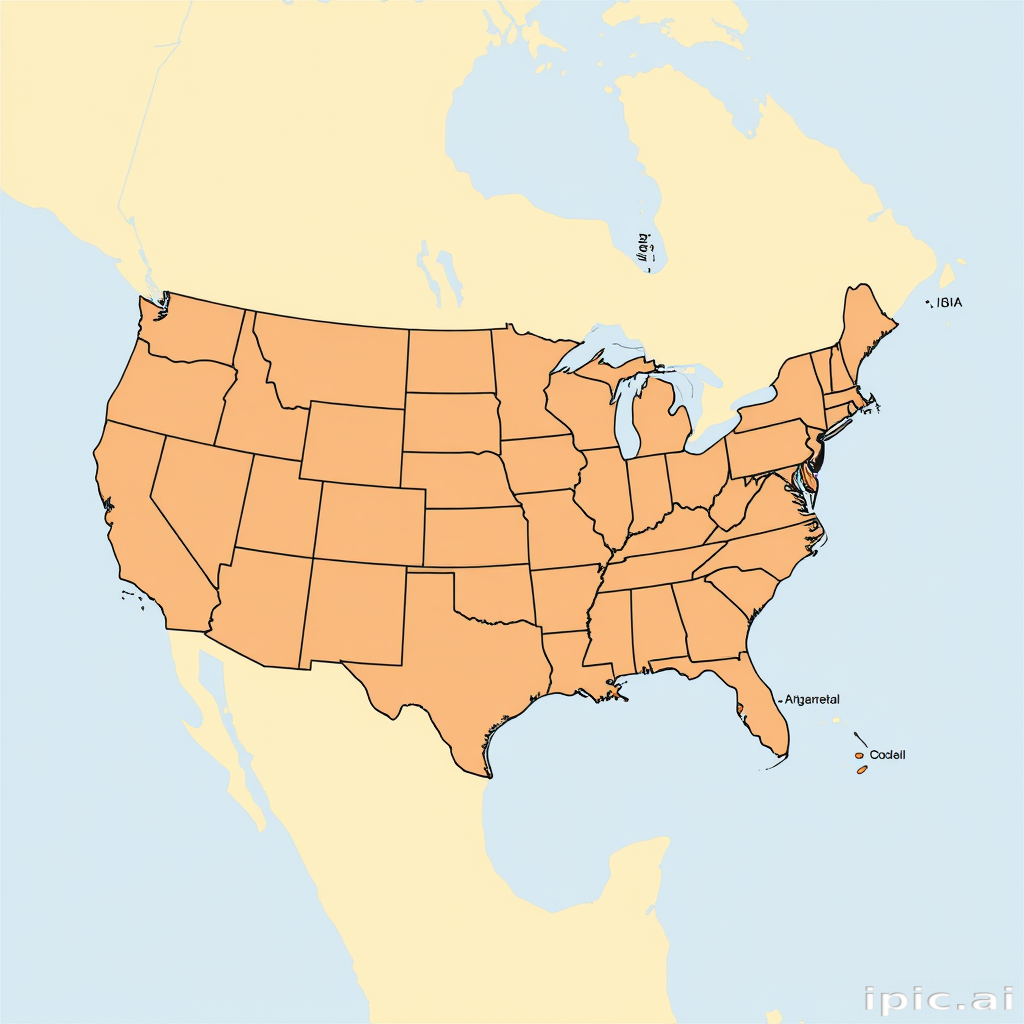 Outline Map of the United States Highlighting States in Orange Color