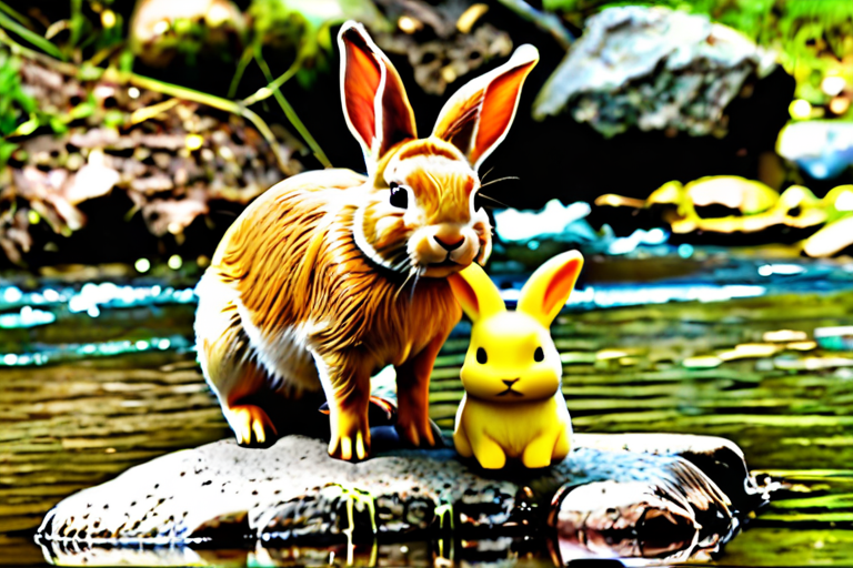 realistic brown piglet and yellow rabbit sitting closely together near ...