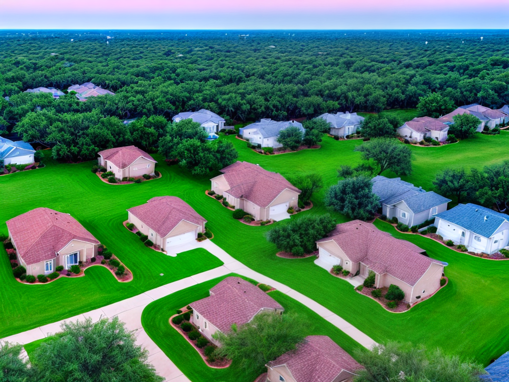 aerial shot of homes in a Texas neighborhood at sunset