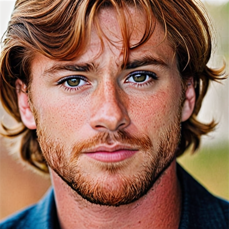 man with auburn hair with a slight curl, scruff on his face, and hazel eyes