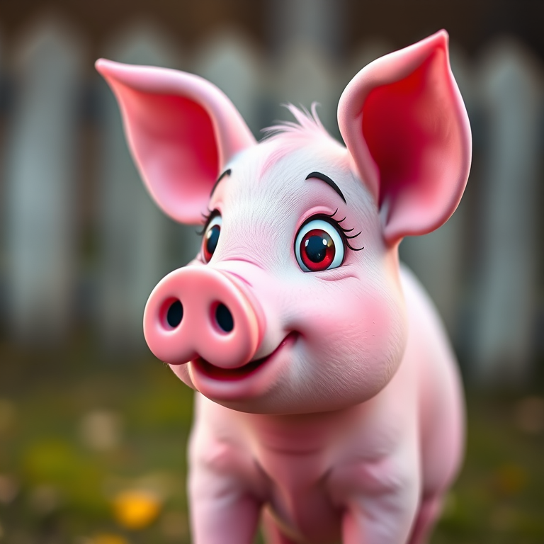 Generate a high-quality cartoon image of a pink pig, using a Canon EOS ...