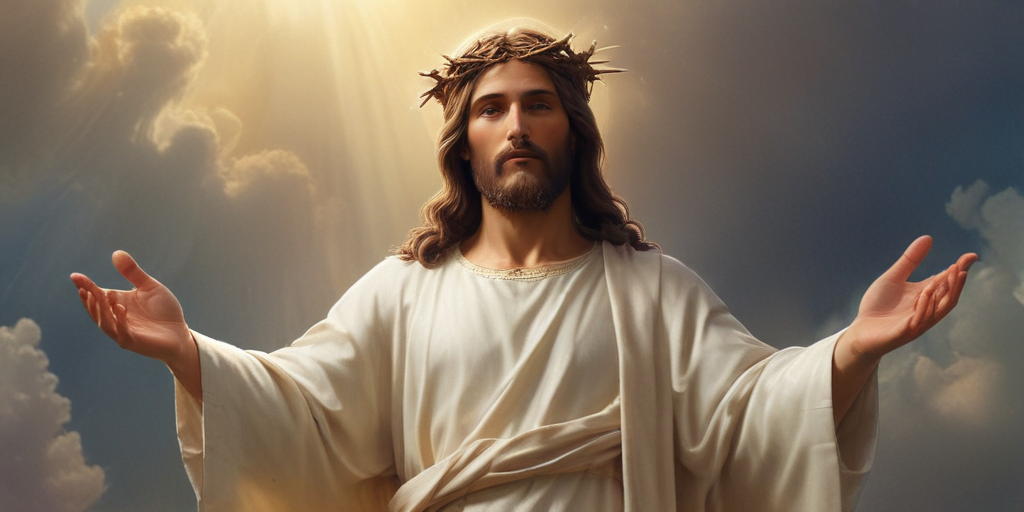 Radiant Figure of Jesus Christ with Open Arms Beneath a Glorious Sky