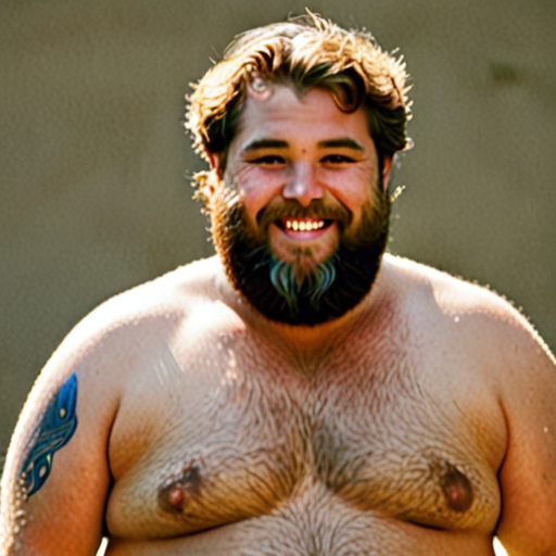 A bearded obese man with a mischievous grin and hairy chest