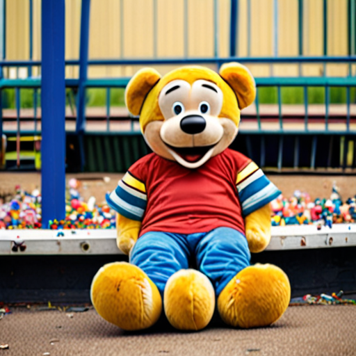 an injured and sad amusement park mascot