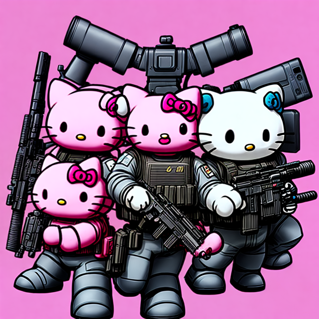 2 chubby Hello Kitty Cats in full pink agressive tactical SWAT suit ...