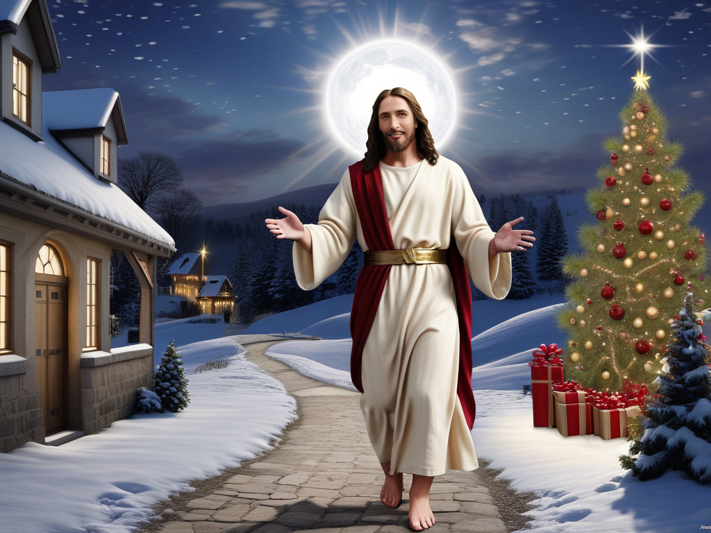 Jesus Walking Peacefully Through a Winter Wonderland with Christmas Spirit
