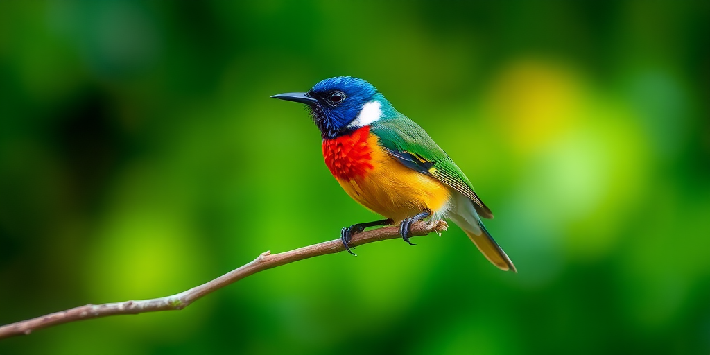 a vibrant bird perched on a twig against a blurred green background ...