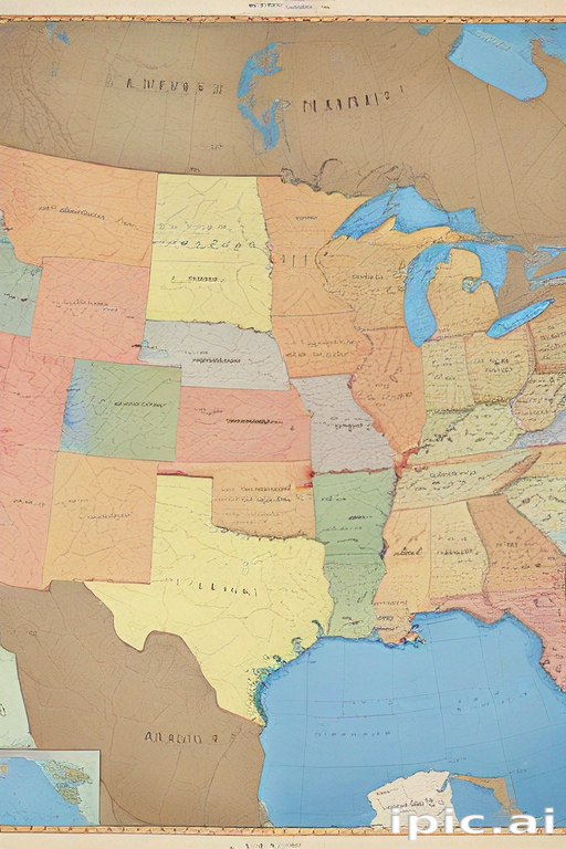 Colorful Historical Map of the Central United States with Detailed Regions