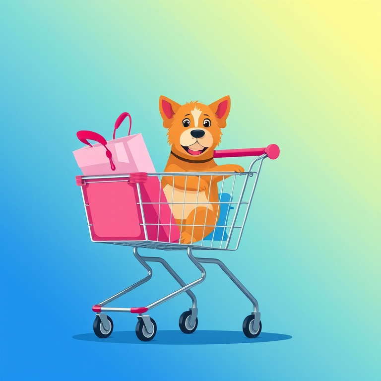 Adorable Cartoon Dog Joyfully Riding in Shopping Cart with Presents