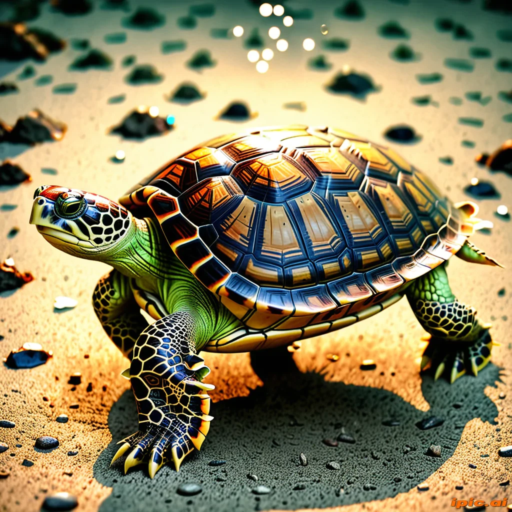 A Colorful and Intricately Designed Turtle Gracing a Sandy Beach Landscape.
