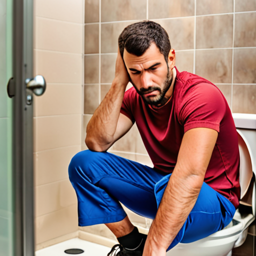 A muslce man has desperate diarrhea and sit in the toilet