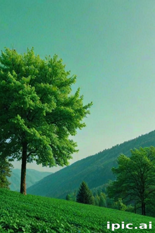 Lush Green Landscape with Majestic Trees Against a Serene Mountain Backdrop
