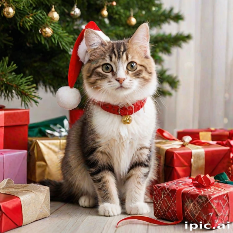 Festive Cat in Santa Hat Surrounded by Colorful Christmas Presents