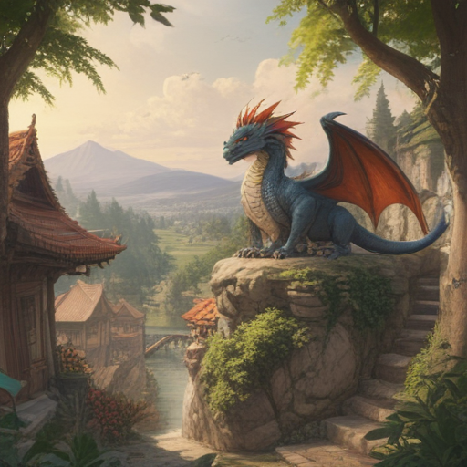 cute anime dragon sketch with village